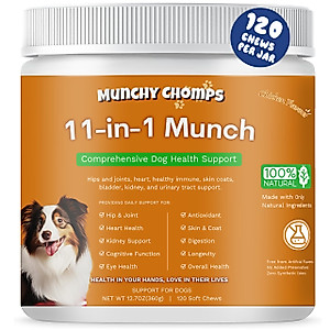Munchy Chomps 11-in-1 Multivitamin Treats for Dogs - Comprehensive Health Support for Adult & Senior Dogs - Promotes Hip & Joint Mobility, Heart Health, and Digestive Wellness (Chicken)