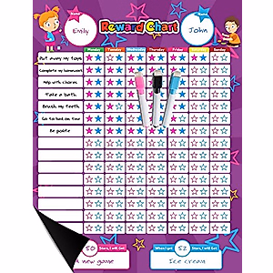 Magnetic Reward Behavior Star Chore Chart for One or Two Kids 17 x 13 Includes: 3 Color Dry Erase Markers Pink, Blue, & Black, Flexible Chart with Full Magnet Backing for Fridge Teaches Responsibility