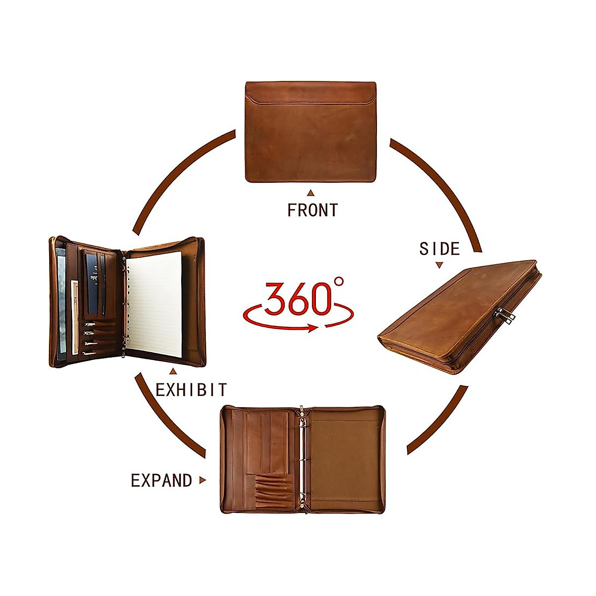 Free Name Engraved, Personalized Leather Portfolio Binder for Men, 3 Ring Binder Custom Padfolio Folder, Handmade Professional Business Organizer with Zipper, Gift for Men/Women, Customized, Brown