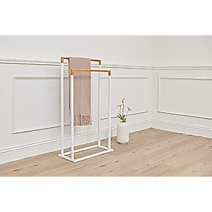 ikloo 33 Inch 2-Tier White Metal Freestanding Bathroom Towel Rack Stand with Bamboo Wood Bar, Laundry Room Drying Rack Holder, Bathroom Storage Organizer.