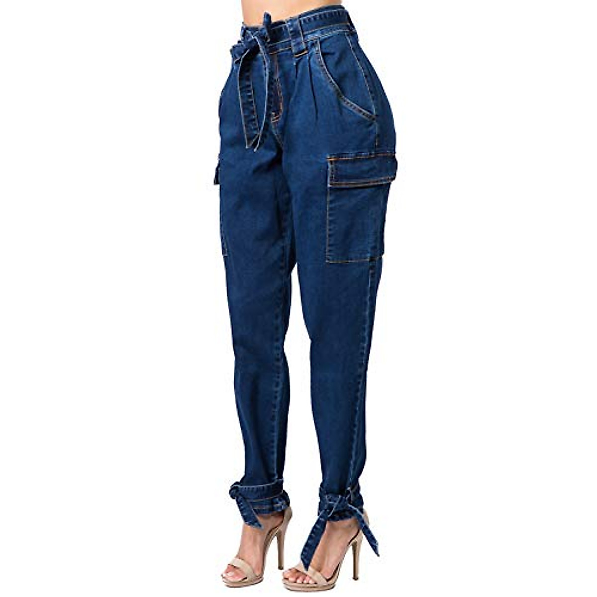 Twiin Sisters Women's Fashion Casual Stretch High Waist Denim Jeans Jogger Pants with Ankle Tie for Women - Small, Dark Blue