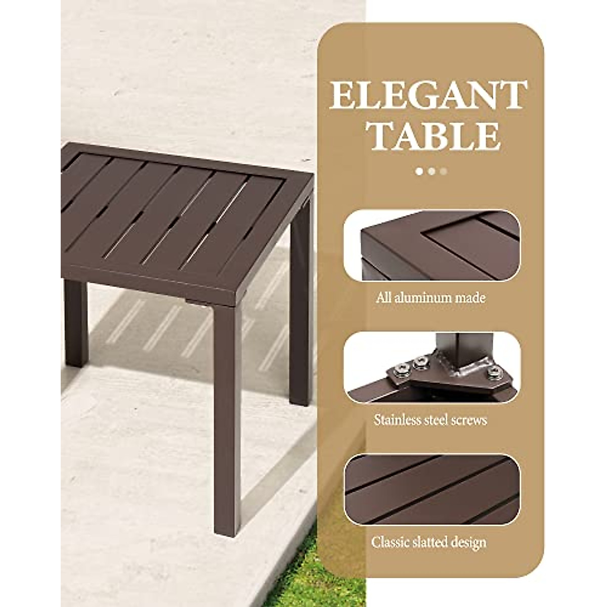 Crestlive Products Chaise Lounge Table, Aluminum Square Side/End Table, Small Patio Coffee Bistro Table for Outdoor Indoor (Brown)