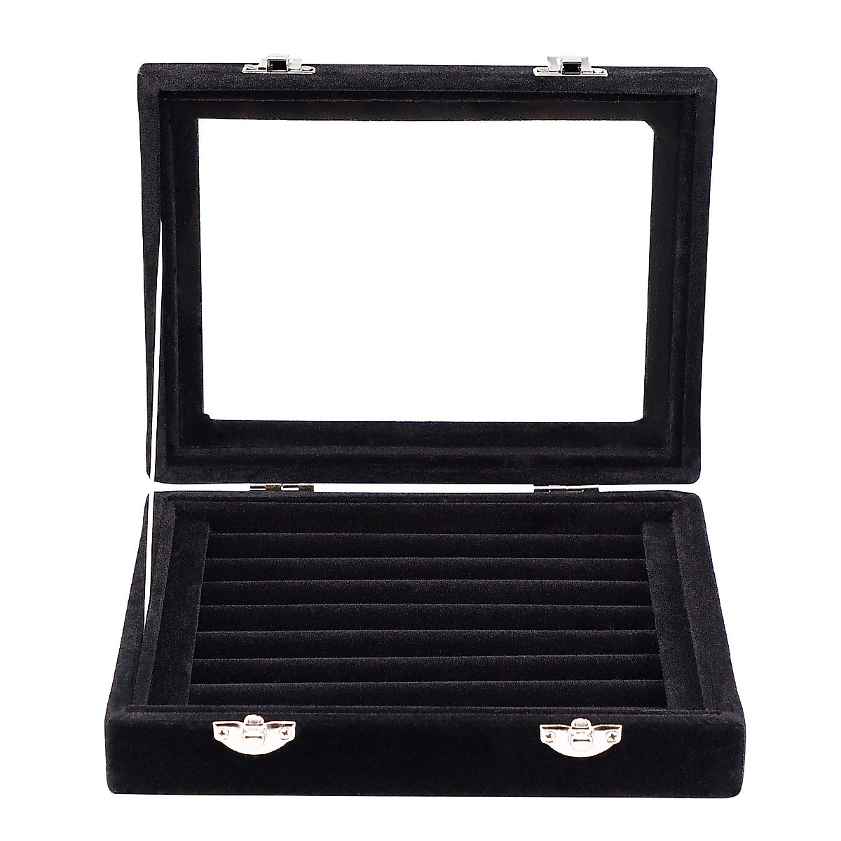 Basuwell Earring Storage 7 Slots Velvet Jewelry Tray for Drawers Glass Clear Lid Showcase Display Ring Organizer Earring Ring Trays Holder Cufflink Showcase-Black
