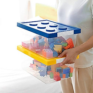 LUCKY-GO Toy Storage Organizer Bins with Lid - Stackable Plastic Organizer Box Set of 2, Kids Toy Chests with Compatible Building Baseplate and Lid, Storage Container for Building Bricks & Toys