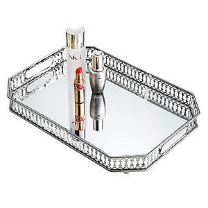 Hipiwe Vanity Makeup Mirror Tray - 13.8" X10" Metal Jewelry Trinket Organizer Tray Cosmetic Perfume Tray Home Decorative Tray for Dresser Bathroom Bedroom Countertop,Large Size
