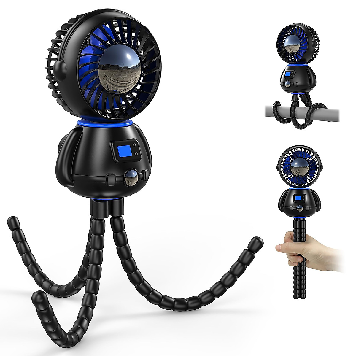Koonie Astronaut Portable Stroller Fan, Baby-Safe Clip-on with Detachable Flexible Tripod, Rechargeable Battery-Operated, 3-Speeds, 270° Rotation - Ideal for Car Seats, Cribs, Treadmills, Travel