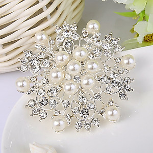 EVER FAITH Austrian Crystal Cream Simulated Pearl Elegant Flower Corsage Brooch Clear Silver-Tone