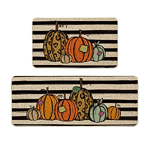 Artoid Mode Watercolor Stripes Pumpkin Decorative Kitchen Mats Set of 2, Home Seasonal Fall Holiday Party Autumn Harvest Thanksgiving Vintage Low-Profile Floor Mat - 17x29 and 17x47 Inch