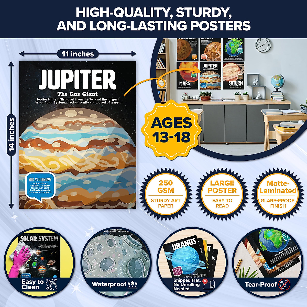 Decorably 15 Space Theme Classroom Decor - 11x14in Space Classroom Decor, Solar System Poster, Space Decorations for Classroom, Space Posters, Outer Space Classroom Decorations, Space Poster