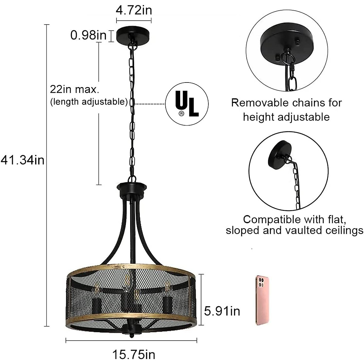 DLLT 4-Light Farmhouse Chandelier, 16" Industrial Pendant Lighting, Drum Hanging Light Fixture with Antique Gold and Matte Black Finished for Dining Room Kitchen Living Room, Height Adjustable