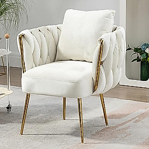 NIOIIKIT Modern Velvet Accent Chair, Hand Weaving Upholstered Armchair with Throw Pillow, Leisure Single Reading Sofa Chair with Gold Metal Legs for Living Room, Bedroom, Office (Beige)