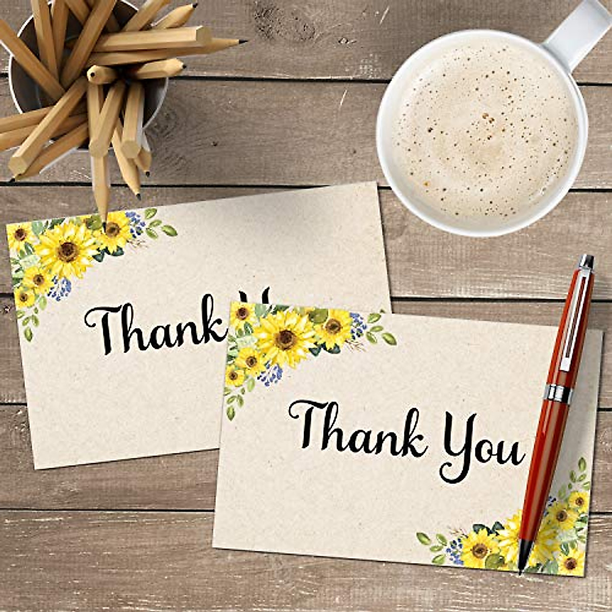 321Done Sunflower Thank You Note Cards (Set of 50) Large 4x6 – Rustic Kraft Tan for Gift, Insert, Thanks, Small Business, Event, Wedding, Shower, Party, Award or Occasion - Blank on Back, Made in USA