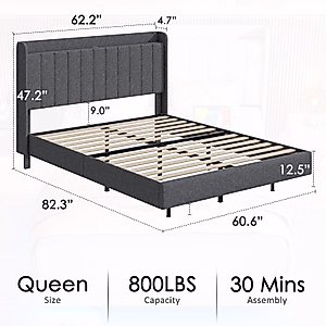 Saudism Upholstered Bed Frame with Storage Headboard, USB Ports, LED Lights - Queen Size, Floating, Noise-Free, Dark Grey