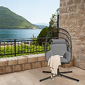 Giantex Egg Chair Hammock Stand - Hanging Swing with Stand, Folding Swinging Chair with Soft Cushion & Pillow, Wicker Rattan Hanging Chair for Bedroom,Garden, Patio Foldable Hammock Chair (Grey)