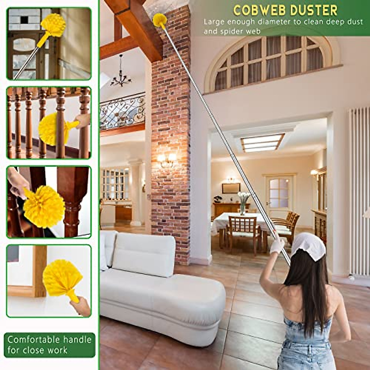 17 Foot High Reach Duster Kit with 2-to-9 Foot Extension Pole, Newliton 3-in-1 High Ceiling Chenille Duster, Microfiber Duster, Cobweb Duster, Indoor & Outdoor Extendable Bendable Duster Cleaning Set