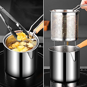 Small Deep Fryer Pot with Basket, Mini Fryer and Soup Pot with Tongs and Lid for 1-2 People, Works on Gas or Induction Burner, Dishwasher Safe, 1.3-Quart