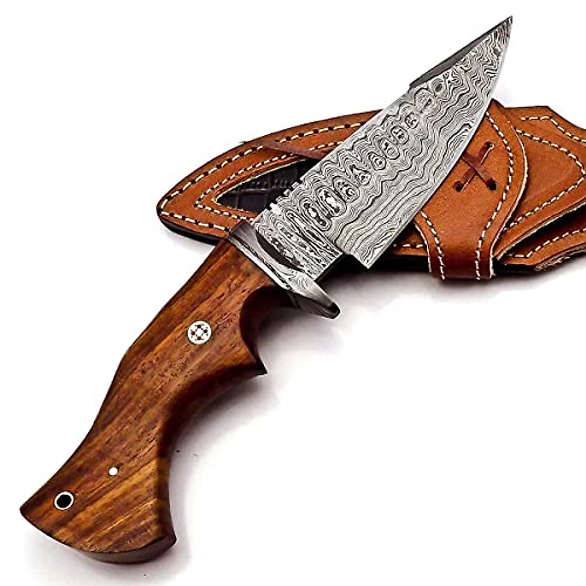 Hadi Enterprises-10" Handmade Damascus Hunting Knife with Leather Sheath - Ideal for Skinning, Camping, Outdoor -Fixed Blade Bushcraft Knife with Rose Wood Handle-(BT-001)