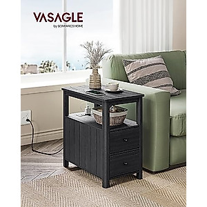 VASAGLE Side Table with Charging Station, Narrow Nightstand with 2 Drawers, Living Room End Table with Storage, for Small Spaces, Coastal Style, Charcoal Gray ULET322B22