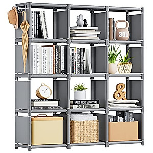 Mavivegue Book Shelf, 12 Cube Storage Organizer, DIY Bookcase, Metal Cube Bookshelf,Tall Book case for Bedroom, Living Room,Office,Closet Storage Organizer, Grey Cubicle Storage Rack
