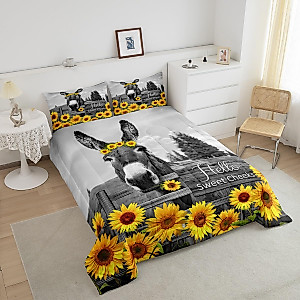 Erosebridal Donkey Comforter Set King Size Funny Farm Animal Donkey Bedding 3 Piece for Boys Girls Kids Rustic Farmhouse Sunflower Duvet Insert Cute Farm Donkey Print Quilt with 2 Pillowcases