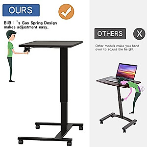 bilbil Pneumatic Mobile Desk, Gas-Spring Height Adjustable Sit to Stand Desk, Overbed Laptop Table Computer Cart with Lockable Casters, Portable Work Table for Home, Office, Black