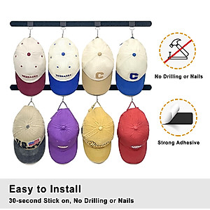 ETOWIFA Adhesive Hat Organizer Rack for Baseball Caps [Up to 24 Caps] Hat Hangers Holder Display for Wall, Over Door Closet, Room/College Dorm Storage - 2 Magic Strips with 8 Removable Hooks