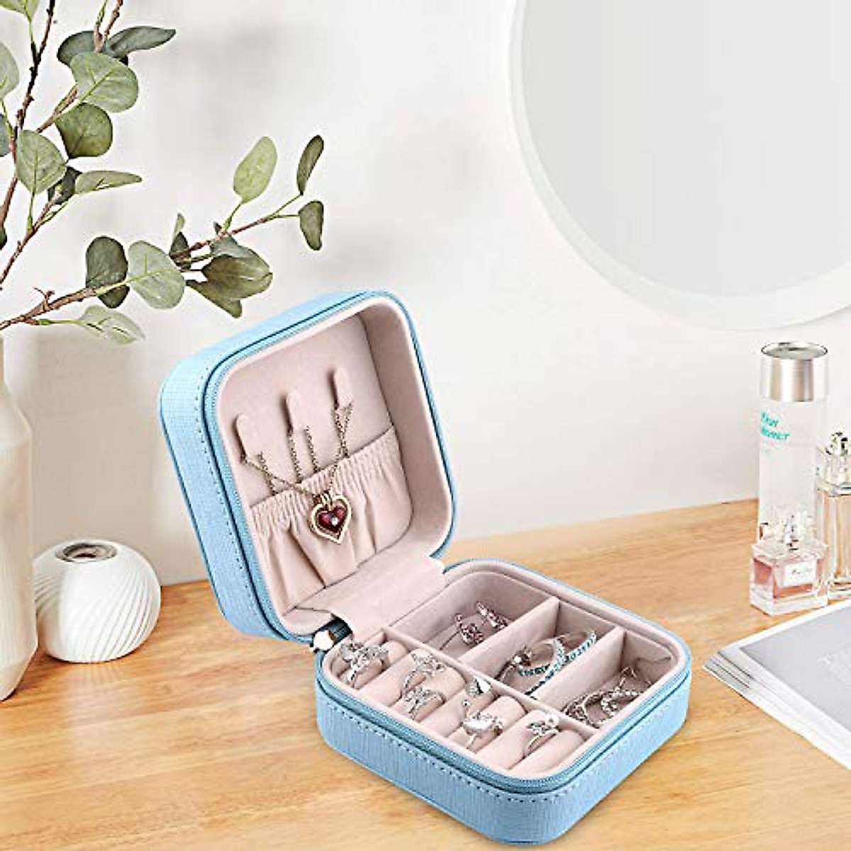 JIDUO Duomiila Small Jewelry Box, Travel Mini Organizer Portable Display Storage Case for Rings Earrings Necklace,Gifts for Girls Women (Blue-1)