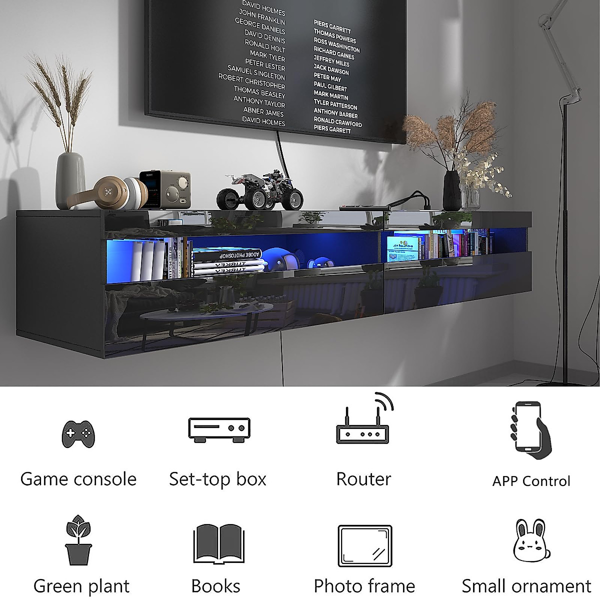 EXQUAL Modern Floating TV Stand, Black, 70.8''L x 16.3''W x 11.8''H, Wall Mounted TV Shelf with LED Lights & Power Outlet, 110 lbs Weight Capacity, for Living Room & Bedroom