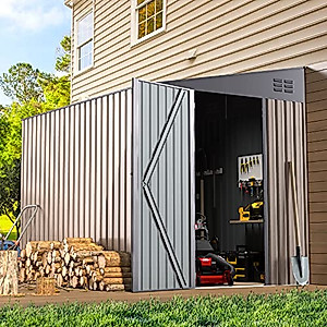 AECOJOY Lean to Storage Shed, 6' x 8' Metal Side Door Sheds & Outdoor Storage, Wall Outdoor Storage Cabinet for Garden