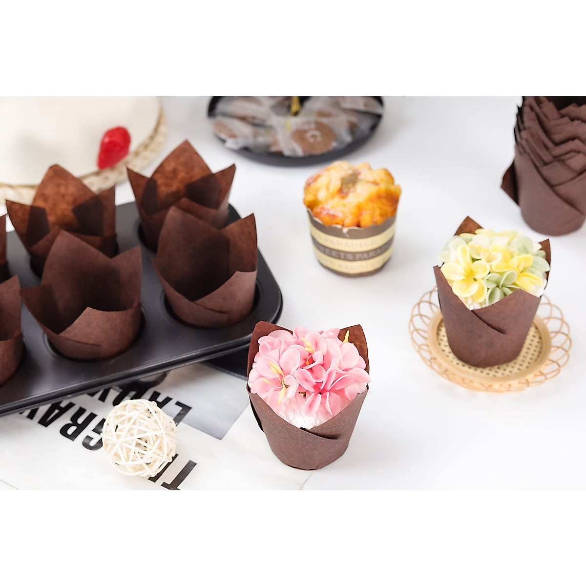 300PCS Tulip Cupcake Liners Medium Baking Cups Muffin Wrappers Perfect for Birthday Parties, Weddings, Baby Showers, Bakeries, Catering, Restaurants (Brown)