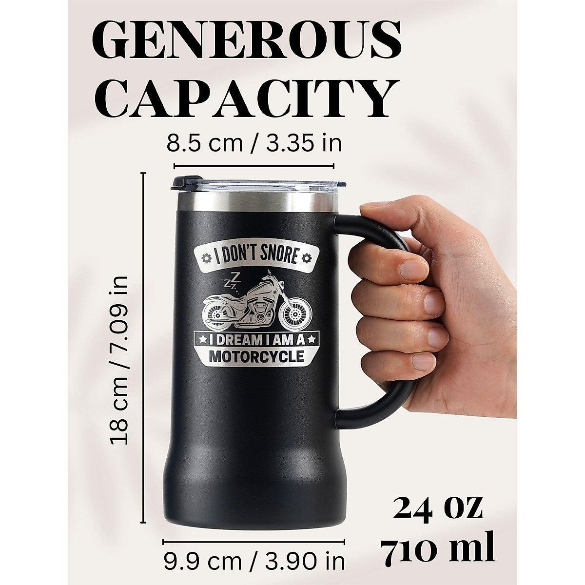 Onebttl Motorcycle Gifts for Men, I Don't Snore I Dream I'm a Motorcycle, Stainless Steel Beer Stein Tumbler, 24oz Beer Mug with Lid