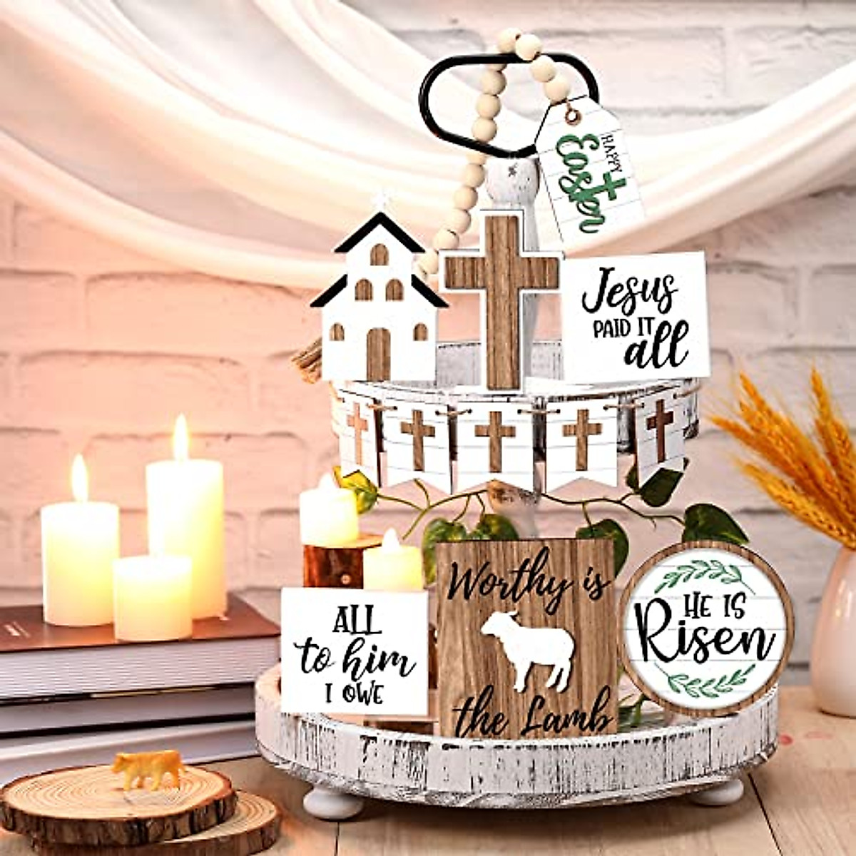 15 Pcs Easter Tiered Tray Decor Set, Table Top Decor Farmhouse Wooden Block Signs Wood Cross Decor with LED String Lights for Easter Home Kitchen Decorations