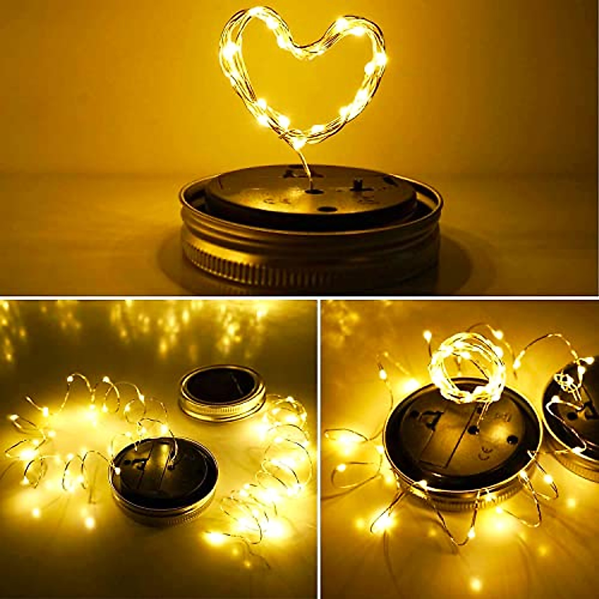 Solar Mason Jar Light Lids 10 Pack 20 LED Fairy String Light Inserts for Jars with Hangers Starry Lighting Waterproof Rust Resist for Patio Lawn Garden Wedding Lantern Decor No Jars (Warm White)