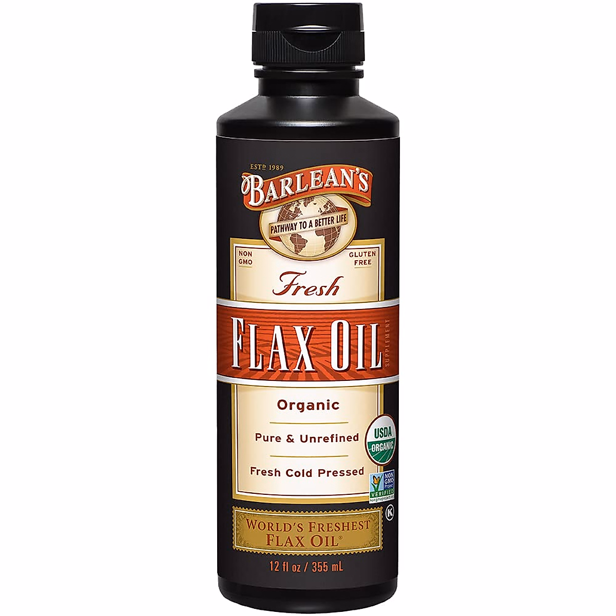 Barlean's Organic Flaxseed Oil Liquid, Cold Press Flax Seeds, 7,640mg ALA Omega 3 Fatty Acid Supplement for Healthy Hair, Skin, and Eyes, Vegan & Gluten Free, 12 oz