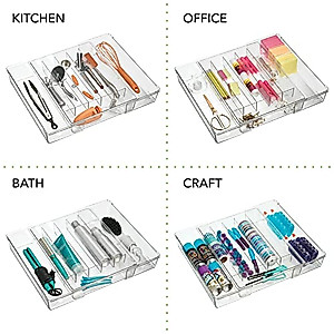 mDesign Dual Expandable Plastic In-Drawer Utensil Organizer Tray Deep 6 Divided Sections for Kitchen; Holds Cutlery, Flatware, Silverware, Cooking Utensils, Ligne Collection, 2 Pack, Clear