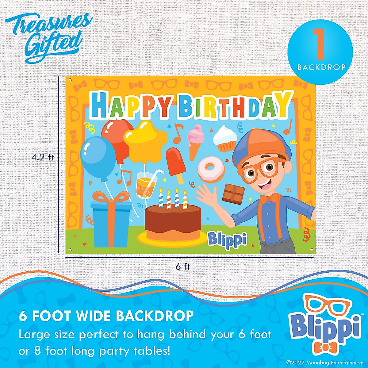 Treasures Gifted Officially Licensed Blippi Birthday Party Supplies - Blippi Backdrop - 4.25ft Tall x 6ft Wide Blippi Backdrop Birthday - Blippi Party Decorations - Blippi Birthday Banner