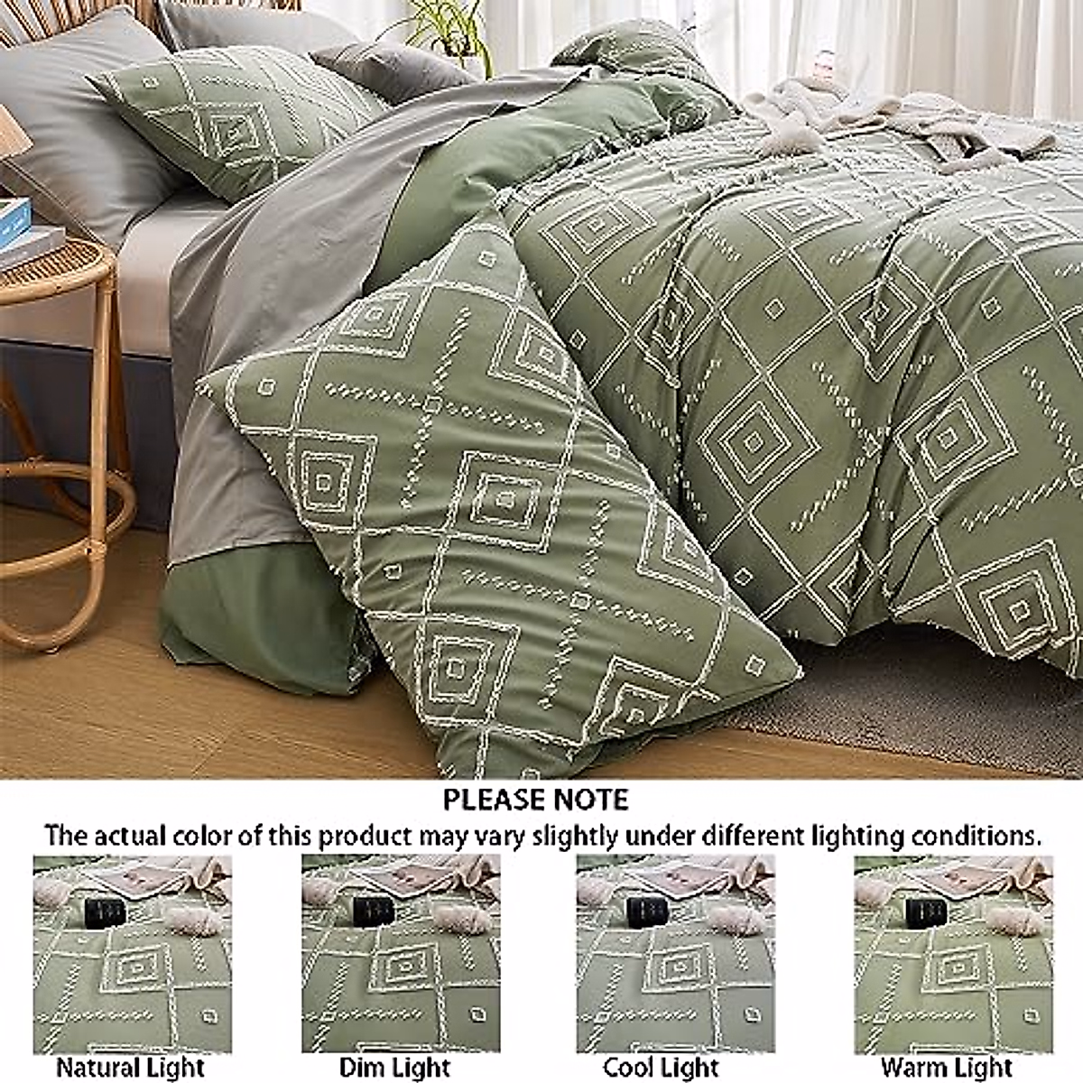 Senville Tufted Duvet Cover Queen Size,Jacquard Geometric Pattern,Soft Lightweight Green Duvet Covers Set for All Seasons,3 Pieces Boho Shabby Chic Bedding Set with Zipper Closure(Green,Queen)