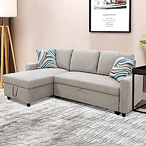 SIENWIEY Sectional Sofa Set, Sleeper Sofa Bed with Storage Chaise for Living Room Modern L-Shape Velvet Pull Out Couch for Small Space(Grey)