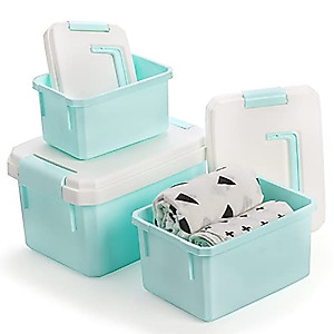 Jucoan 3 Pack Plastic Storage Latch Bin with Lid, 2.5/4.5/8.5 Quart Stackable Plastic Storage Bin Tote Organizing Container with Latches and Folding Handle for Toys, Snacks, Stationary