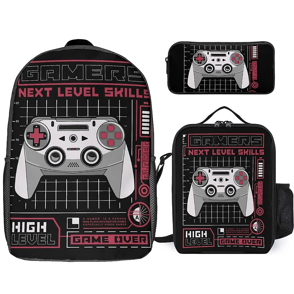 NAWFIVE Joystick Player Backpack with Lunch Box And Pencil Case Set Gamepad Controller Travel Daypack Bookbag for Men Women Laptop Backpack 3pcs