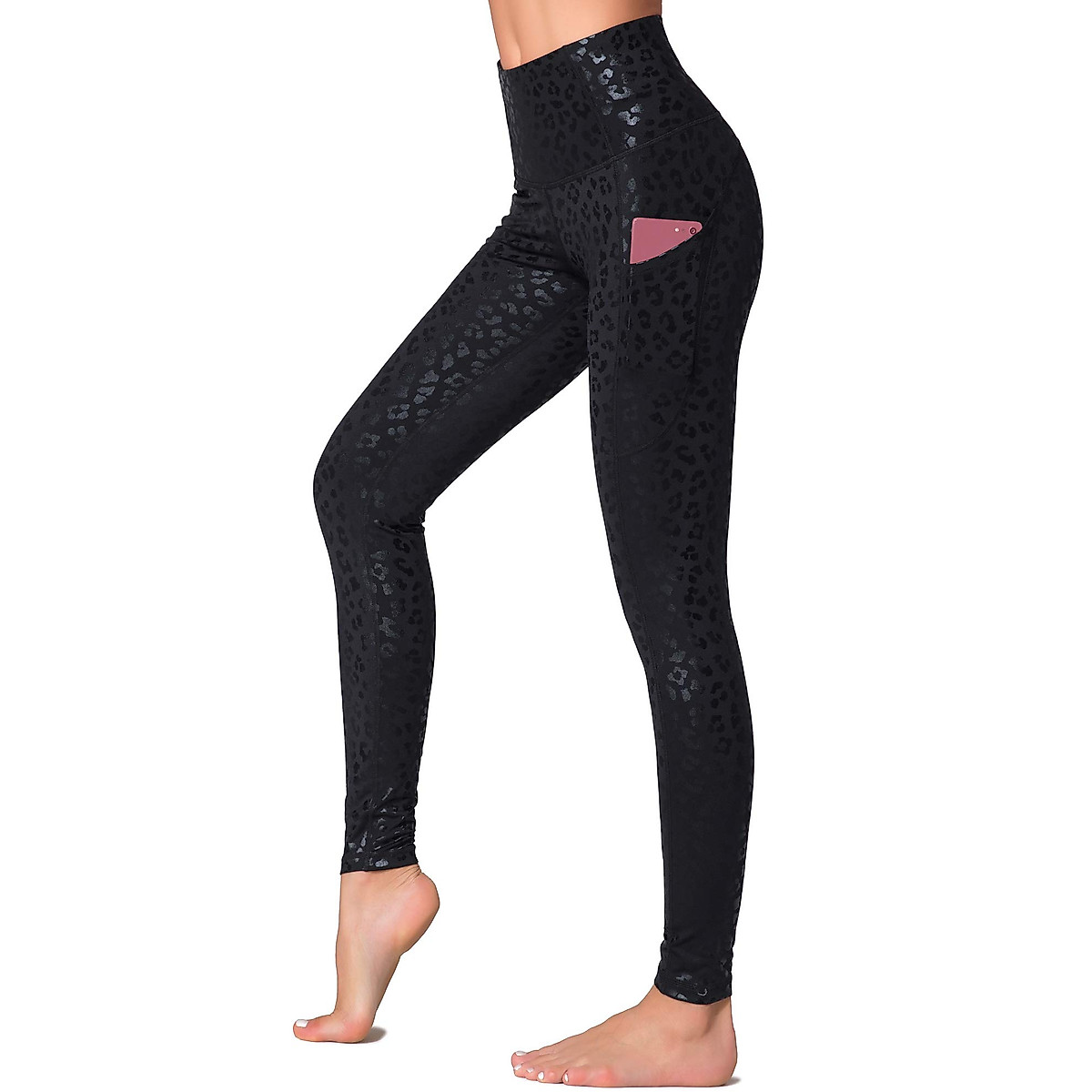 Dragon Fit High Waist Yoga Leggings with 3 Pockets,Tummy Control Workout Running 4 Way Stretch Yoga Pants (Medium, Black Leopard)