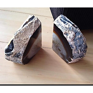JIC Gem 1 Pair(6 to 8 Lbs) Natural agate Bookends Decorative geode book ends for Heavy Books with Rubber Bumpers Crystal Bookends for Shelves and Office decoration