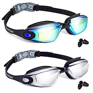 EverSport Swim Goggles, Pack of 2 Swimming Goggles, Swim Glasses No Leaking Anti Fog UV Protection for Adult Men Women Youth Kids Child, Watertight(Mirrored Black&Aqua)