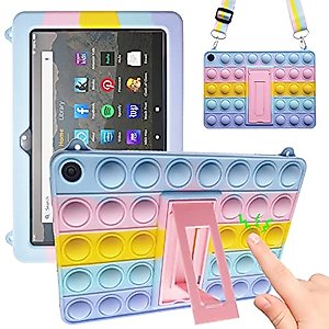 iZi Way Pop It Tablet Case for Amazon Fire HD 8 / Fire HD 8 Plus (10th Gen, 2020 Release), Fidget Toy Pop Its Push Bubble Wrap Silicone Cover with Stand Shoulder Strap for Kids Boys Girls- Rainbow