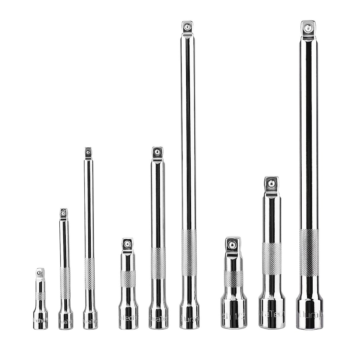 DURATECH Wobble Socket Extension Bar Set, 1/4", 3/8", 1/2" Drive Socket Extension Set, Cr-V Steel, Chrome Plated, Storage Tray Included, 9 PCS