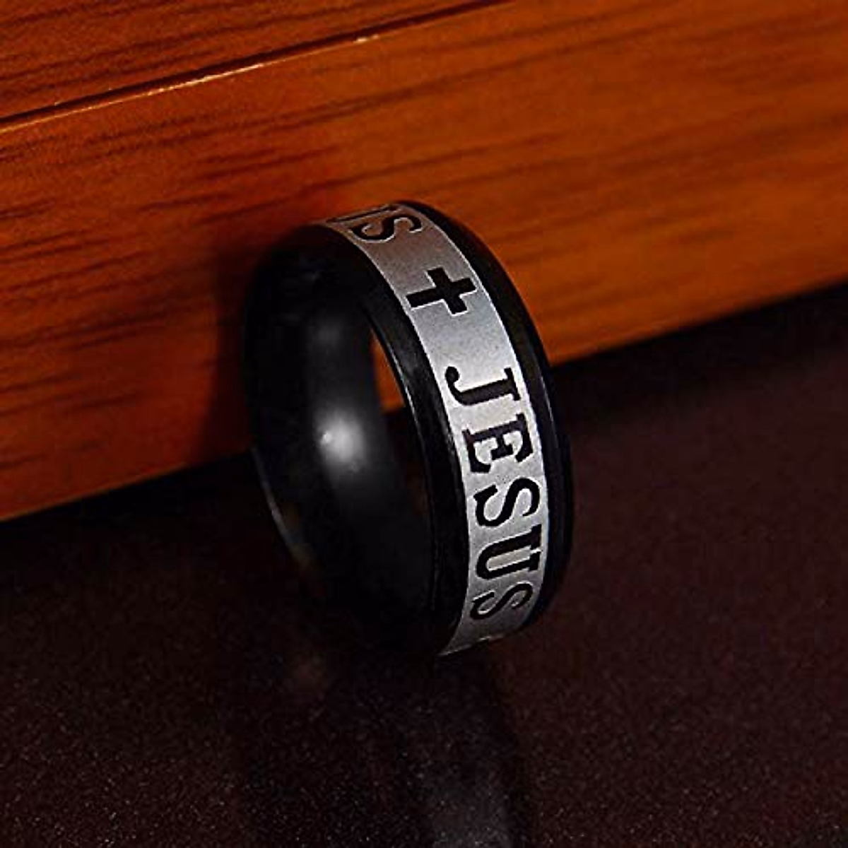 JAJAFOOK Jewelry 8mm Black Stainless Steel Christian Christ Jesus Cross Letter for Unisex Ring