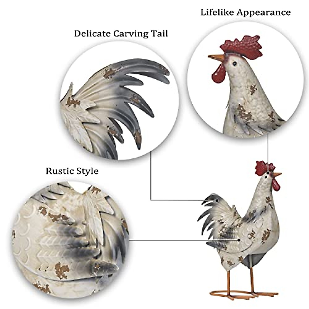 TERESA'S COLLECTIONS Farmhouse Metal Rooster Garden Statues Decor, 15 Inch Rustic Outdoor Chicken Sculpture Figurines Yard Art for Farm Patio Lawn Kitchen Decorations