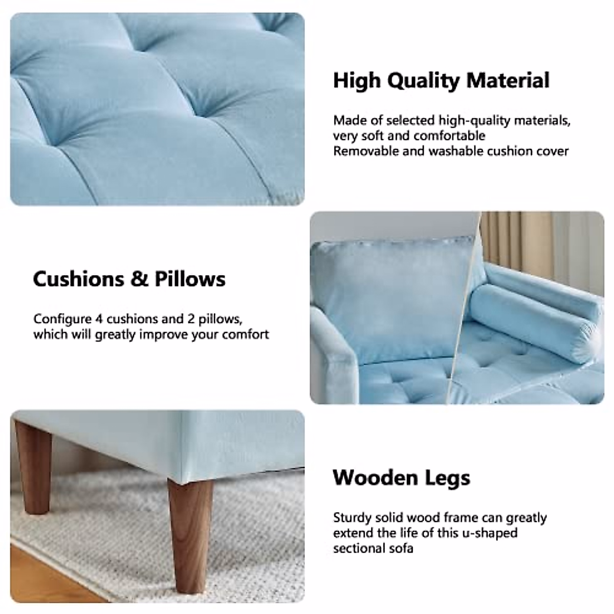 ORRD U-Shape Convertible Sectional Sofa, Modular Sleeper Couch Chaise Modern 6 Seater Velvet Sofa for Living Room, Bedroom, Apartment (Light Blue)