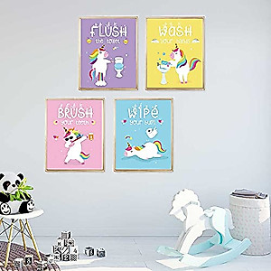 IIILUYOT Funny Unicorn Bathroom Decor, Wash Wipe Flush Brush, Unicorn Decor Gift, Unicorn Rainbow Girls Gift Art Prints, (Unframed8 x 10), Cute Kids Children’s Tween Posters for Home