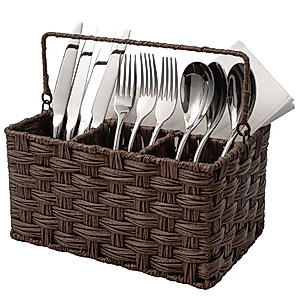 GRANNY SAYS Wicker Utensil Holder Organizer with Handle, Flatware Caddy for Kitchen, Silverware Holder Condiment Organizer, Holds Forks, Knives, Spoons, Napkins and Other Utensils